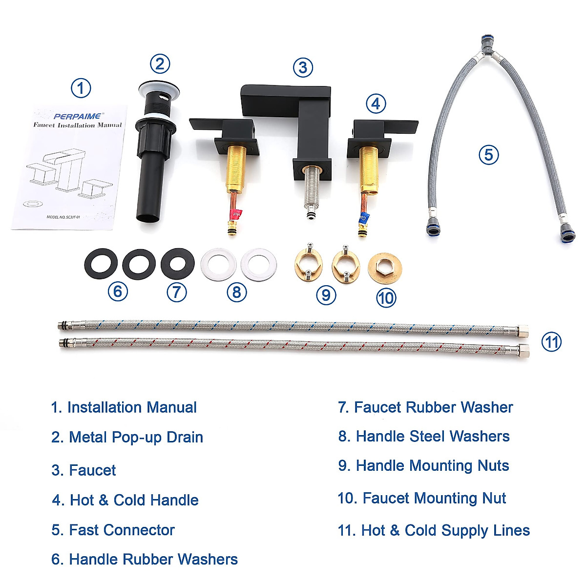 PerPaiMe Matte Black Waterfall Bathroom Faucet, 8-Inch, 2 Handles, 3-Hole, Metal Pop-Up Drain, 60cm Supply Line, 2-3/8 Inch Clearance