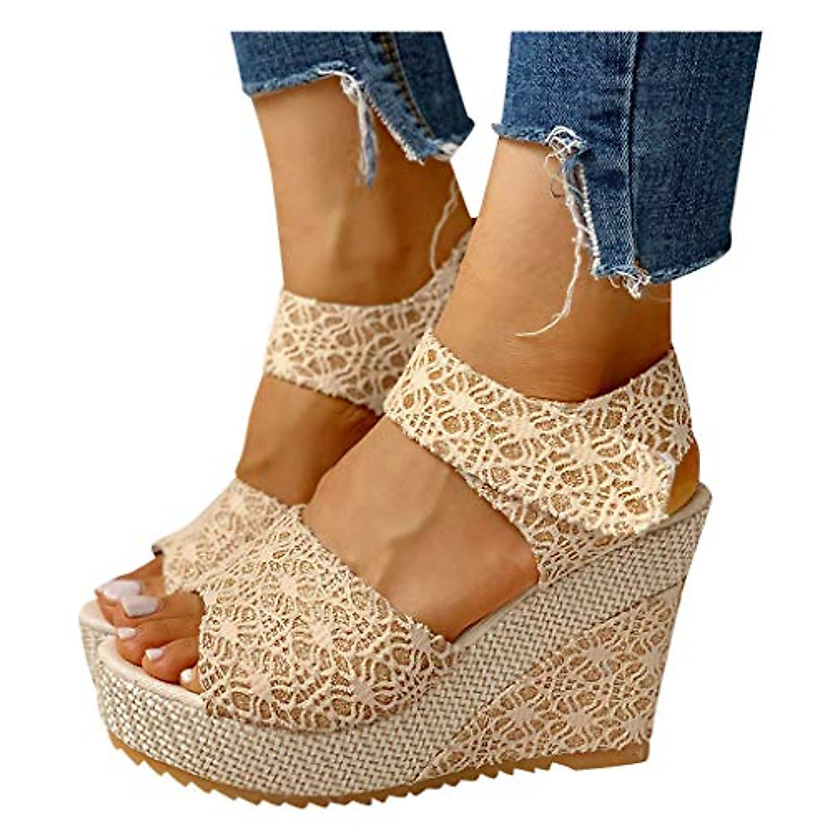 Aniywn Women Espadrilles Platform Wedges Heel Lace Up Sandals Elegant Floral Classic Ankle Strap Shoes