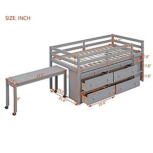 Kids Twin Low Loft Bed with Storage, Twin Size Loft Bed with Portable Desk and 4 Drawers, Wood Twin Loft Bed with Shelves, Modern Farmhouse Junior Loft Bed for Kids Boys Girls, Gray