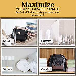 ROUFA 4Pcs Clear Acrylic Shelf Dividers, Adjustable Closet Organizer Fit for Any Thickness of Shelves, Multi-Purpose Wood Shelf Separators for Bedroom, Kitchen, Office, Bathroom, 11.8''x11''
