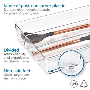 iDesign Linus Kitchen Drawer Organizer for Silverware, Spatulas, Gadgets - Clear 13.8" x 10.5" x 3"
