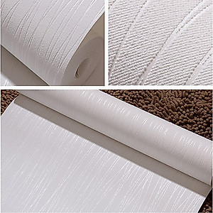 QIHANG Non-Woven Classic Flocking Plain Stripe Modern Fashion Wallpaper Wall Paper Roll for Living Room Bedroom White Color Wallpaper Roll 0.53m*10m=5.3㎡