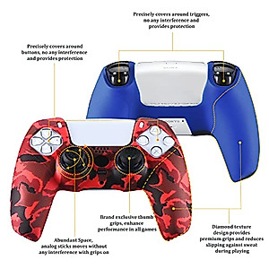 YoRHa Grip Texture Printing Silicone Cover Skin for PS5 Controller x 2(Camouflage Red+Blue) with Pro Thumb Grips x 8