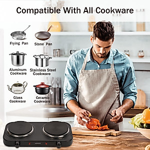 Countertop Double Cast Iron Burner 1800 Watts Electric Hot Plate with Adjustable Temperature 6.1" Cooktop for Dorm,Office,Home,Camp,Compatible for All Cookwares