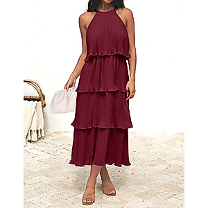 ZESICA Women's 2024 Summer Sleeveless Halter Neck Ruffle Tiered Layed Chiffon Flowy Swing Long Midi Dress,Wine,Medium