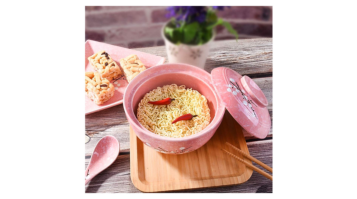 Elegant Pink Ceramic Ramen Bowl with Lid - Whitenesser