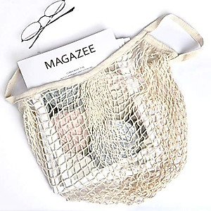 Yiplus Cotton Mesh Produce Bag, 2 Pack Reusable Ecology Washable Organic Shopping Grocery Farmer Market Bags String Net Tote for Vegetables and Fruit with Long/Short Handle (Beige)