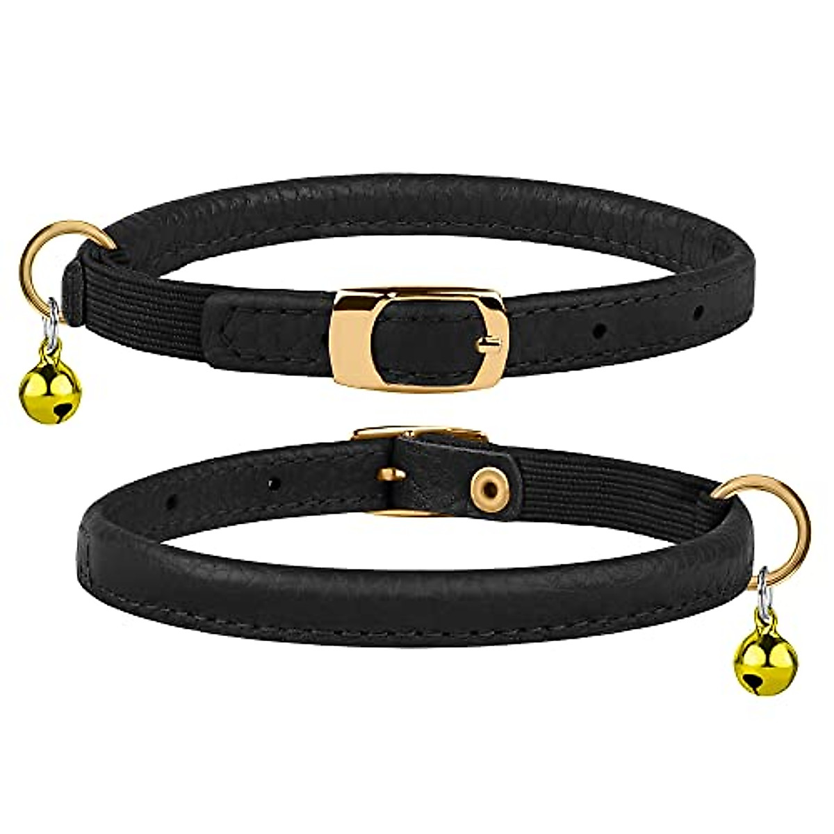 Murom Rolled Leather Cat Collar with Elastic Strap Safety Adjustable Pet Collars for Cats Kitten Yellow Red Pink Blue Orange Brown Gray (Black)