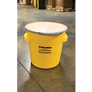 Eagle 20 Gallon Plastic Drum with Lid, Metal Lever-Lock, 20.4"x20.9", Salvage Drum Made of Durable, Lightweight HDPE, Withstands Weather and Chemicals, Made in USA, Yellow, 1654