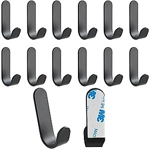 Adhesive Hooks,12 Pcs, Heavy Duty Adhesive Hooks Hold 12Lbs, Stainless Steel Black Wall Hooks, Adhesive Hooks for Hanging, Metal Sticky J Strip Hooks, Hooks for Hat, Coat, Picture, Backpack, Garage