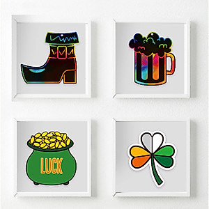 UJSGK St. Patrick's Day Scratch Paper Arts Crafts for Kids 12PCS Scratch Paper Art Set St Patrick Lucky Clover Green Scratch Off Cards Festivals Magic Rainbow Scratch Art Accessories