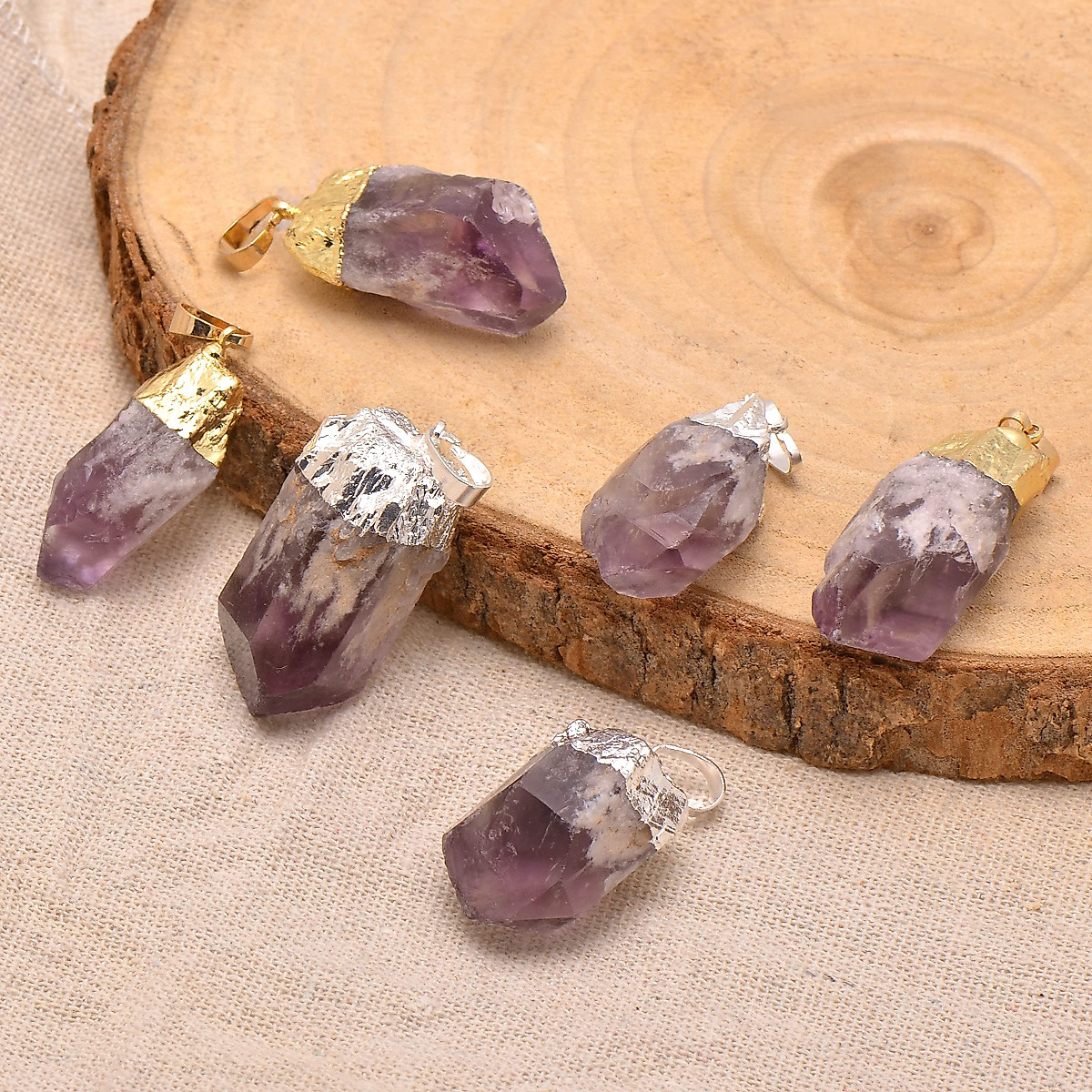 Natural Healing Crystal Purple Amethyst Rough Stone Pendant Necklace, White Gold Tone