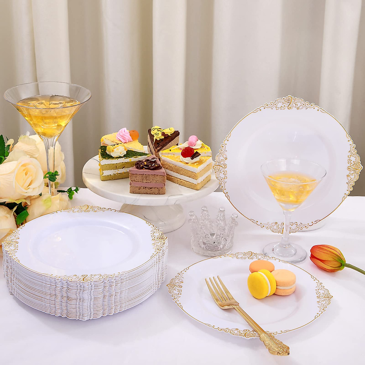 Nervure 100PCS White and Gold Plastic Plates - 7.5inch Gold Disposable Plates - Heavyweight Gold Plastic Plates - Gold Dessert Plates for Wedding & Party & Christmas