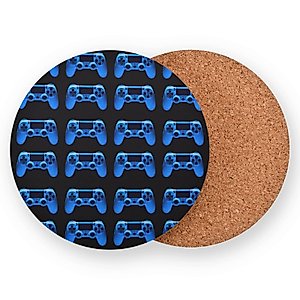 Video Game Joystick Gamepad in Blue Neon Lights Isolated on Black 4 Pcs Tea Wooden Round Coaster Set, Non-Slip Lightweight Wooden Coaster for Party Home Office Kitchen Bar Coffee Table