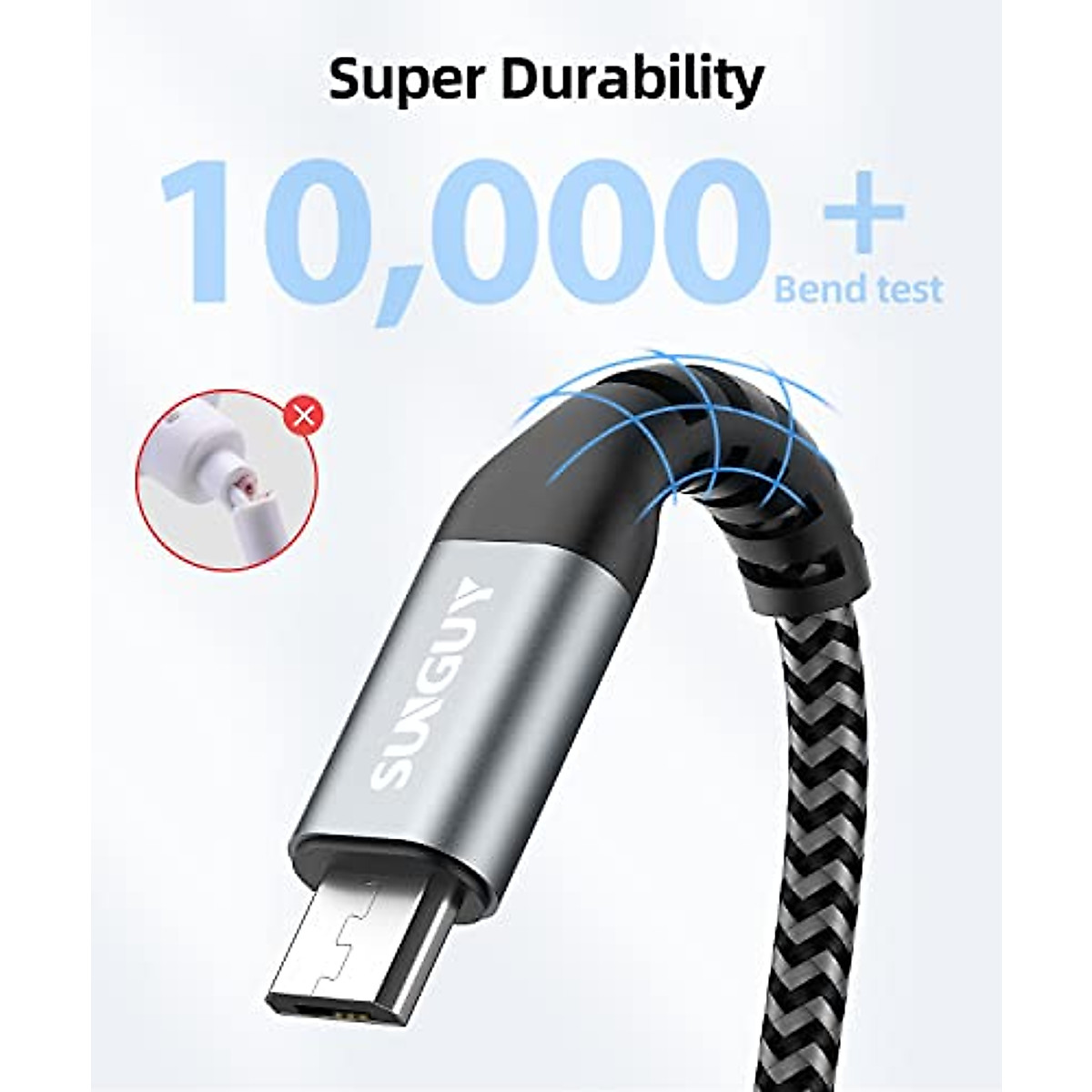 SUNGUY Micro USB Cable 1FT[3Pack] Short Braided USB 2.0 Micro Fast Charging and Data Sync Cord for Samsung Galaxy S7 Edge S6,Moto G5 G5S Plus,Sony Xperia Z3 Z5