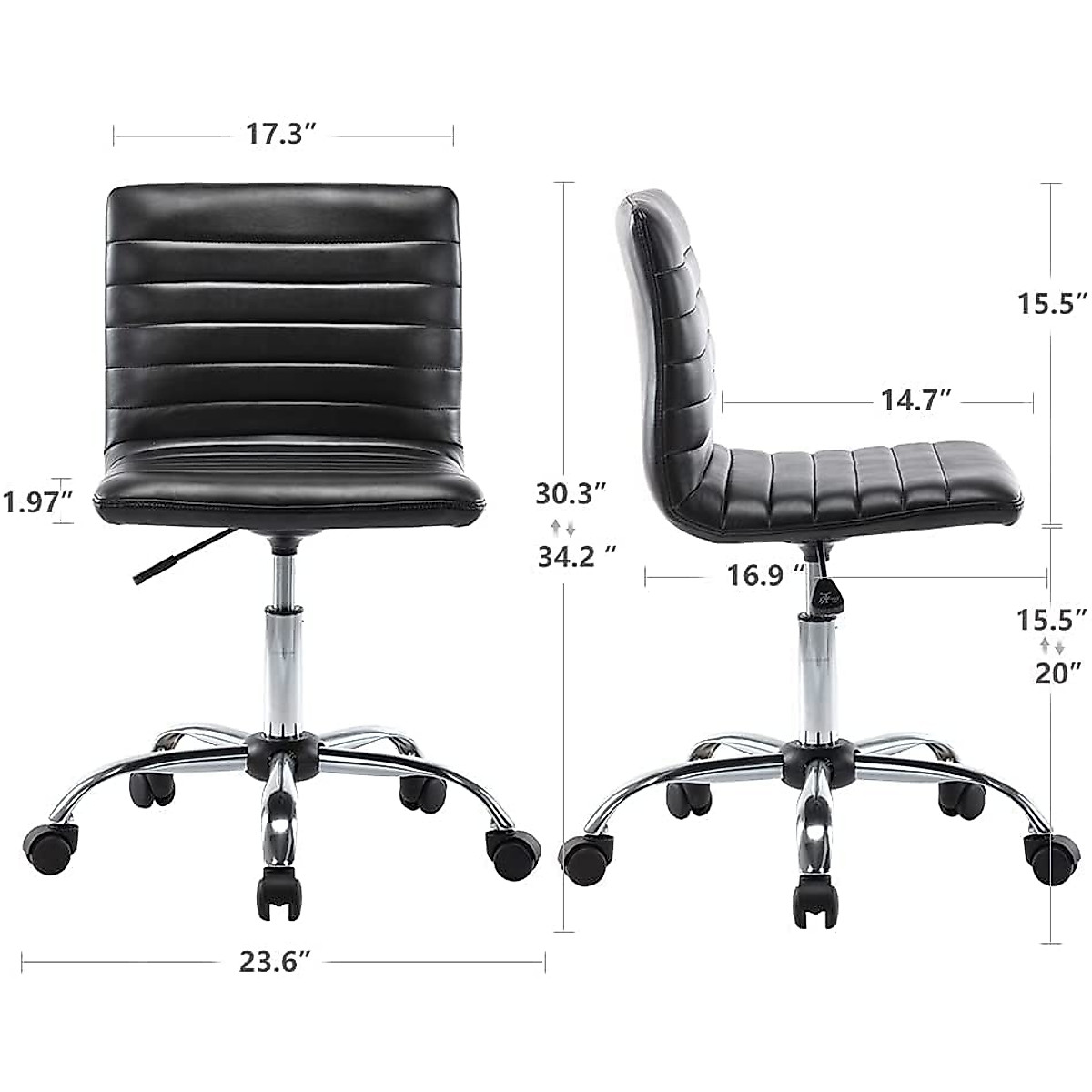 Armless Office Chair Vanity Chair, Armless Desk Chair Leather Home Office Desk Chairs with Wheels Mid Back Computer Task Chair Adjustable Rolling Chair