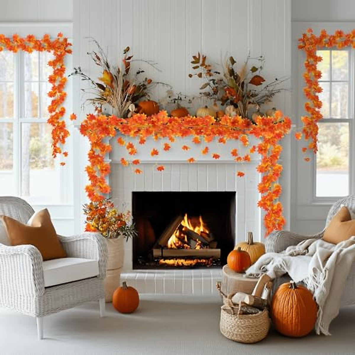 Noverlife 12 Pack 90Ft Artificial Maple Leaf Vine, Fake Foliage Autumn Leaves Garland Hanging Plant for Home Garden Hotel Wedding Party, Fall Leaves Vines for Thanksgiving Holloween Festivals Decor