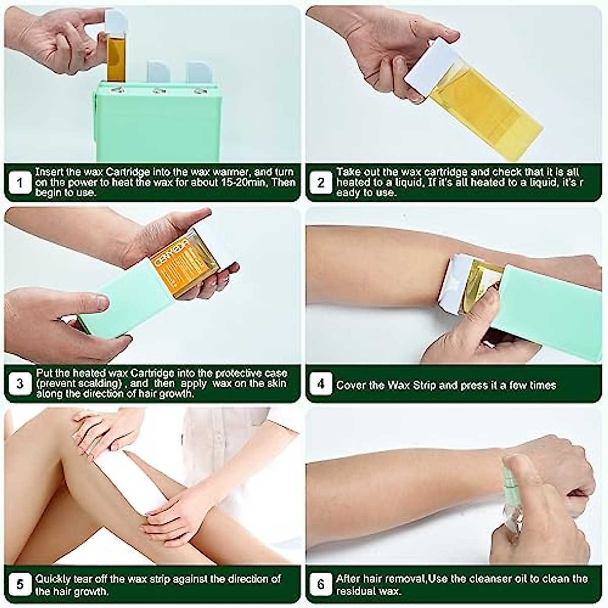 3 IN 1 Roll On Waxing Kit, CENYEDA Hair Removal Triple Roll-On Wax Warmer with 3 Honey Wax Cartridge Depilatory Wax Roller Refill for Legs Arms and Underarm, Upgrade Heating System-Just 13 Mins(Green)