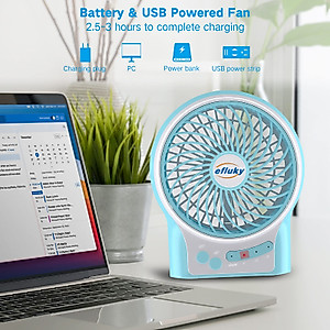 Efluky 3 Speed Mini USB Fan, Rechargeable Battery Fan with LED Light and 2200mAh Battery, Portable fan quiet for Office, Travel, Camping Fan, 4.5-Inch, Blue