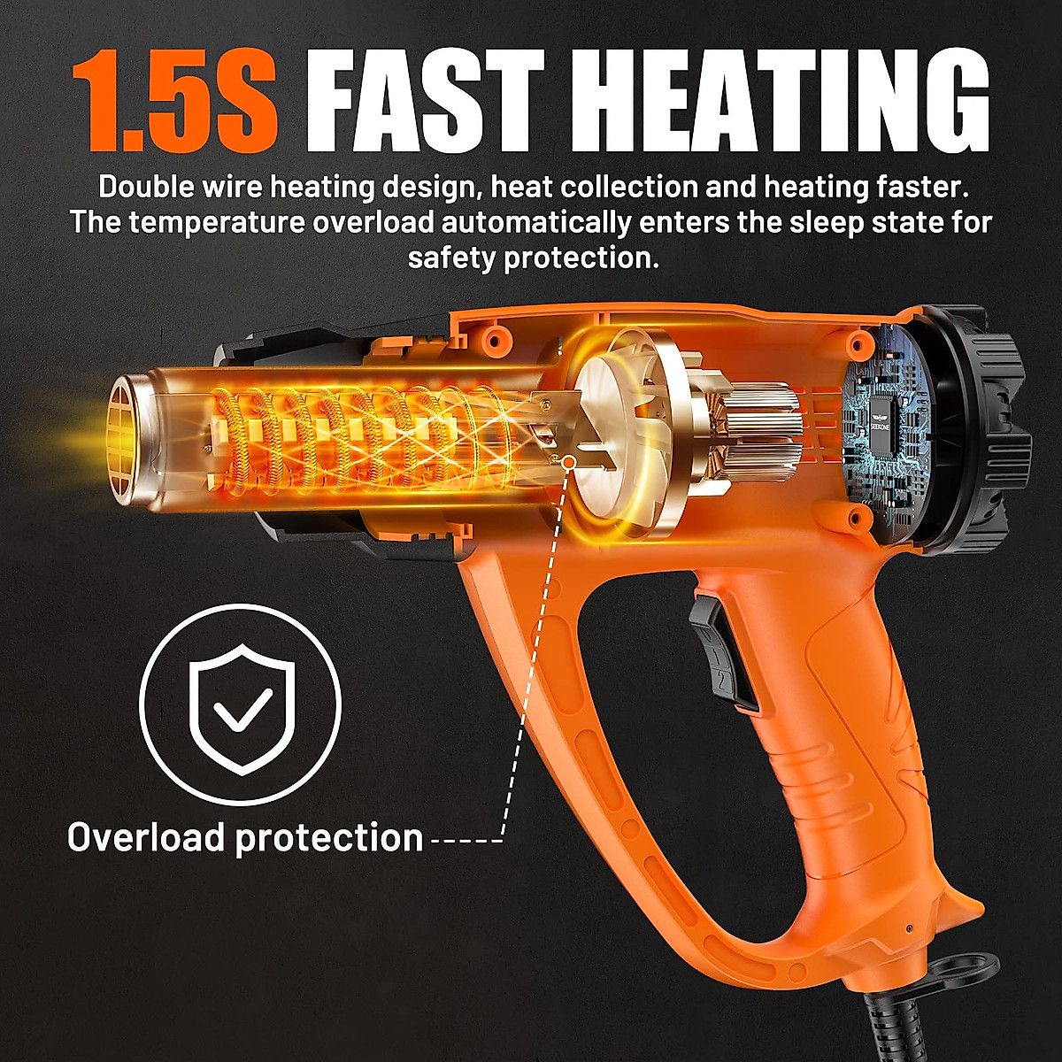 SEEKONE Heat Gun 1800W Heavy Duty Hot Air Gun Kit Variable Temp Control with 2-Temp Settings 7 Accessories 140℉-1112℉（60℃- 600℃）with Overheat Protection for Crafts, Shrinking PVC, Stripping Paint