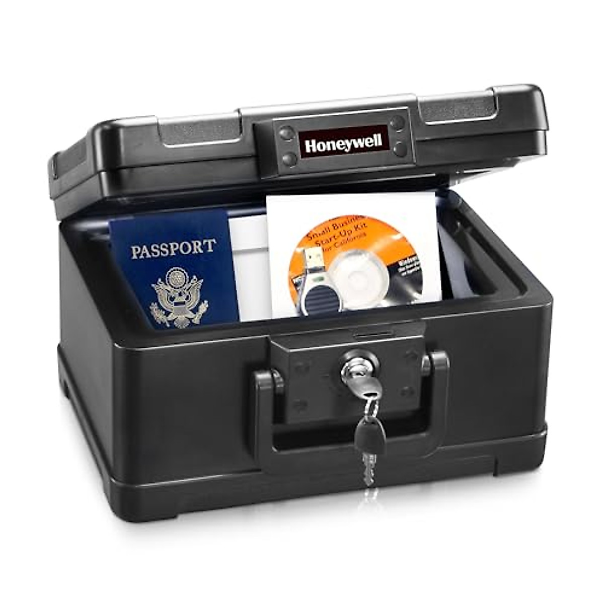 Honeywell Safes & Door Locks - Small Safe Box Chest for Home - Fireproof Safe Holds #10 Envelopes, USB Flash - Strong ABS Plastic - Document, Money Safe with Key Lock System - 0.15 CU, Black - 1101