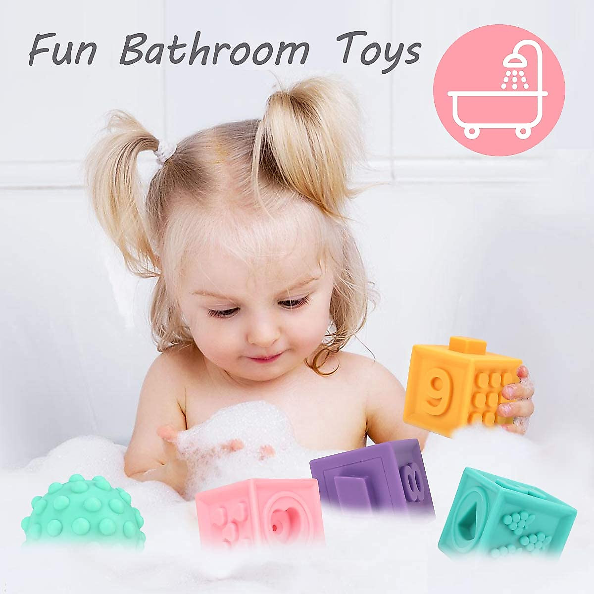 Nueplay Baby Blocks Toys Early Learning Building Blocks Ball Set Teethers Babies Bath Toys Squeeze Play with Numbers Shapes Animals Fruit and Textures Toy for 6 Months & Up Toddlers-16 PCS
