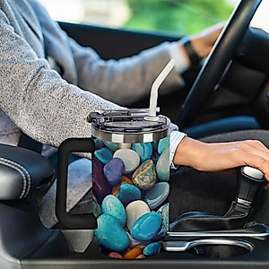 LLUTSNTH 40 Oz Vacuum Tumbler with Black Handle Leakproof Insulated Tumbler Colored Stones Stainless Steel Travel Mug with Lid And Straw Coffee Cup Cute Water Bottles Cup Holder Friendly