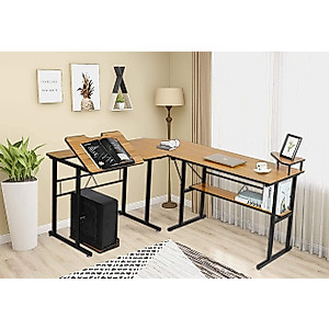 AODAILIHB L-Shaped Desk Corner Computer Desk Writing Desk Drawing Table Home Office Workstation Top Wood Surface Gaming Desk with Shelves (Wood)