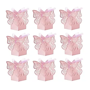 JANOU 24pcs Butterfly Candy Boxes Laser Cut DIY Paper Box with Ribbons for Wedding Bridal Birthday Baby Shower Party Suppliers (Pink)