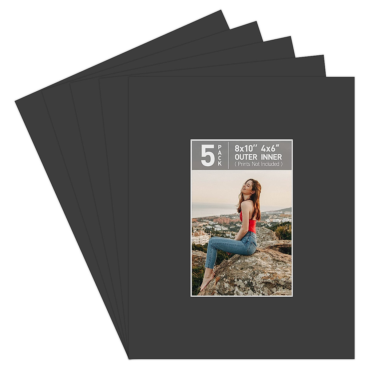 Golden State Art, Pack of 5 Acid Free Bevel Cut 4-Ply Thickness White Core Picture Mats for Photos (Black, 8x10 for 4x6 Photo)