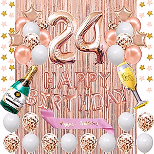 Fancypartyshop 24th Birthday Decorations - Rose Gold Happy Birthday Banner and Sash with Number 24 Balloons Latex Confetti Balloons Ideal for Girl and Women 24 Years Old Birthday Rose Gold
