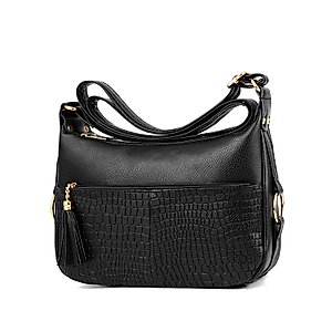 NOTAG Women's Crossbody Bags Leather Shoulder Purse with Tassel Lightweight Travel Messenger Bags (Black)
