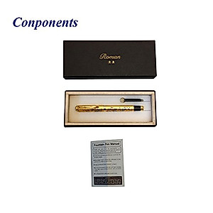 Roman Premium Vintage Fountain Pen Matte Black Ink Luxuary Antique Gold Trim Medium Nib with a Refill -Made in Japan-
