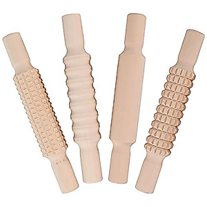 NUOBESTY 4pcs Wooden Mini Rolling Pin Embossed Rolling Stick Dough Molding Shaping Tool for Toddler Kids Art Craft Activity Supplies