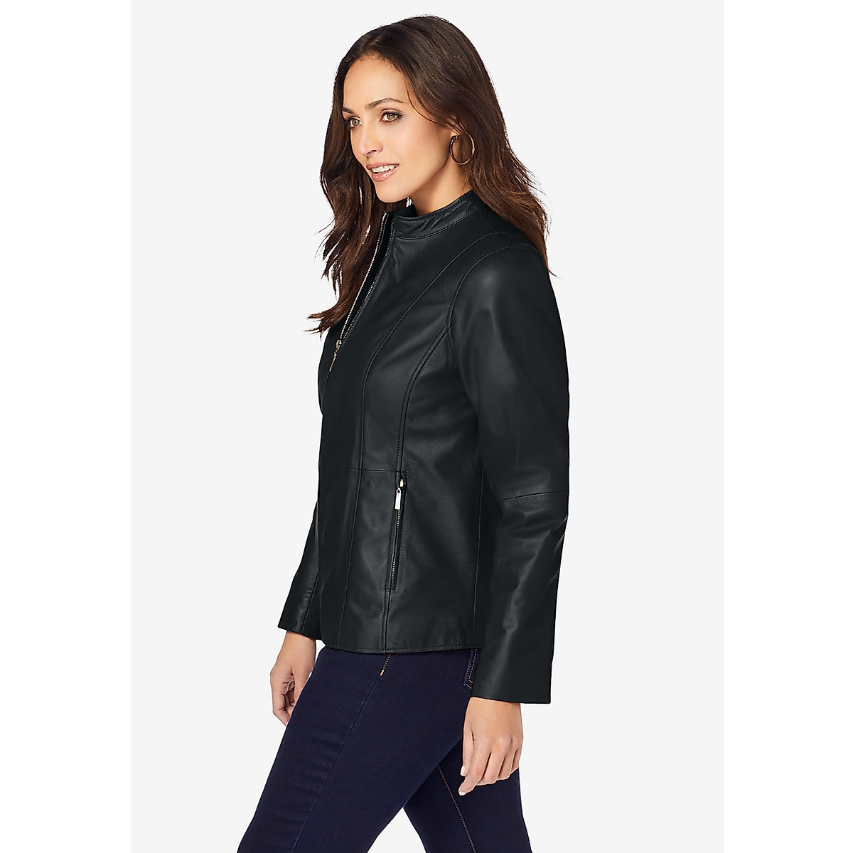 Jessica London Women's Plus Size Zip Front Leather Jacket - 14 W, Black