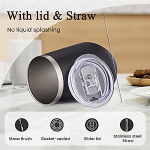 MEWAY 12oz Wine Tumbler Glasses with Lid and Straw - Stemless Double Wall Vacuum Stainless Steel Tumbler Keeping Cold & Hot for Wine,Drinks - Family and Gifts, Ideal for Travel and Office(Black,1)