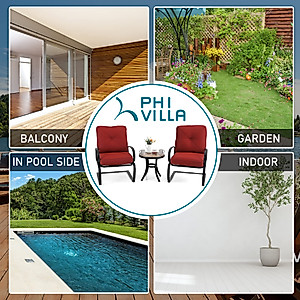 PHI VILLA Outdoor Patio Dining Set of 3, Heavy Duty Spring Dining Chairs and Round Table Bistro Furniture Set with Movable Red Cushioned Seats for Garden & Lawn