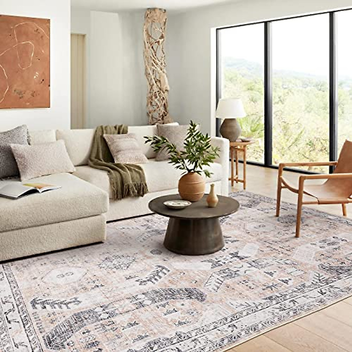 befbee 5x7 Area Rugs for Living Room,Stain Resistant Washable Rug,Non-Slip Backing Rugs for Bedroom,Kitchen,Boho Persian Rug -Vintage Home Decor (Peach/Grey, 5'x7')