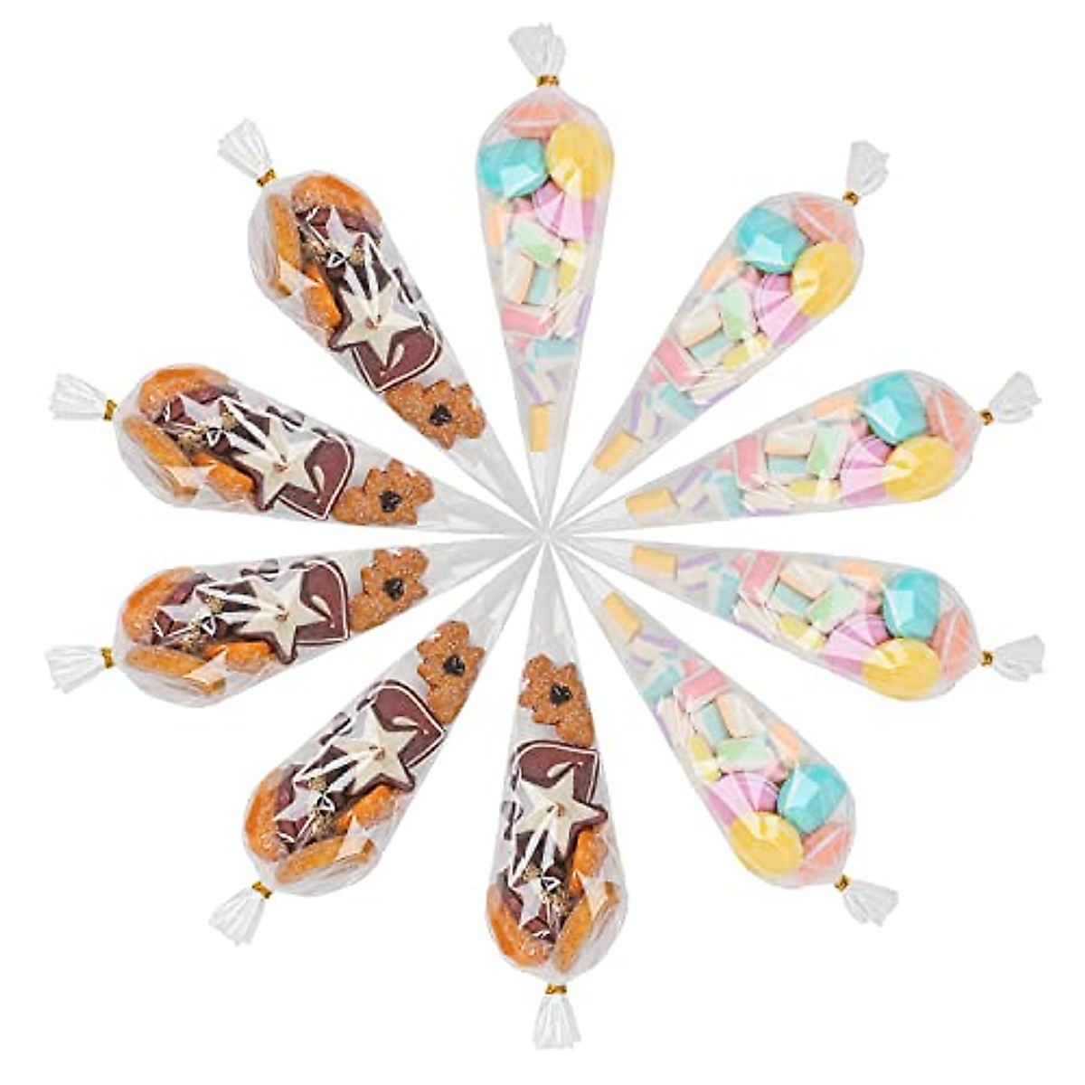 LOMIMOS 6X12in Clear Triangle Cellophane Bag,Cone Shaped Treat Cello Goody Bag with Twist Ties for Handmade Bakery Popcorn Cookie Dessert,100pcs