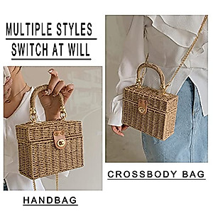 Women's Straw Bag Vintage Basket Purse Summer Beach Handbag Rattan Crossbody Bag Casual Vacation (Handbag-Khaki)