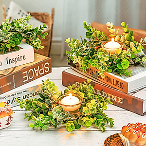 Jexine 8 Pieces Christmas Candle Rings Mini Candle Wreaths Center Candle Ring Artificial Wreath for Christmas Window Table Pillars Farmhouse Decoration Wedding Party Table Home Decor(Eucalyptus)