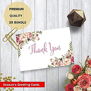 Pink Floral Thank You Cards with Envelopes, 4 x 6 Boho Flower Thank You Notes - Chic Greeting Cards 25 Bulk Pack, Blank Inside, Meet Wedding, Bridal Shower, Girl Baby Shower More Occasion