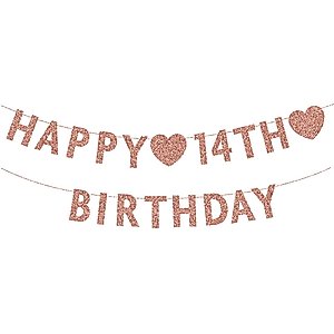 Rose Gold 14th Birthday Banner, Glitter Happy 14 Years Old Boy or Girl Party Decorations, Supplies