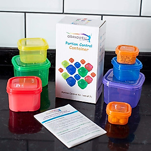 GOANDWELL Portion Control Container Kit for Weight Loss -21 Day Labeled Meal Food Containers - 21 Day Tally Chart with e-Book (7 Piece Labeled)