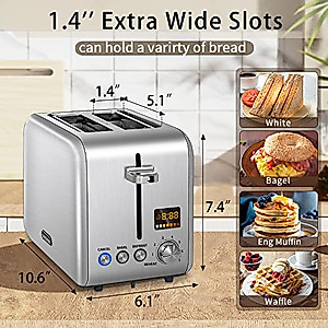 SEEDEEM Toaster 2 Slice, Stainless Steel Bread Toaster with Colorful LCD Display, 7 Bread Shade Settings, 1.4'' Wide Slots Toaster with Bagel/Defrost/Reheat Functions, Removable Crumb Tray, 900W, Silver Metallic