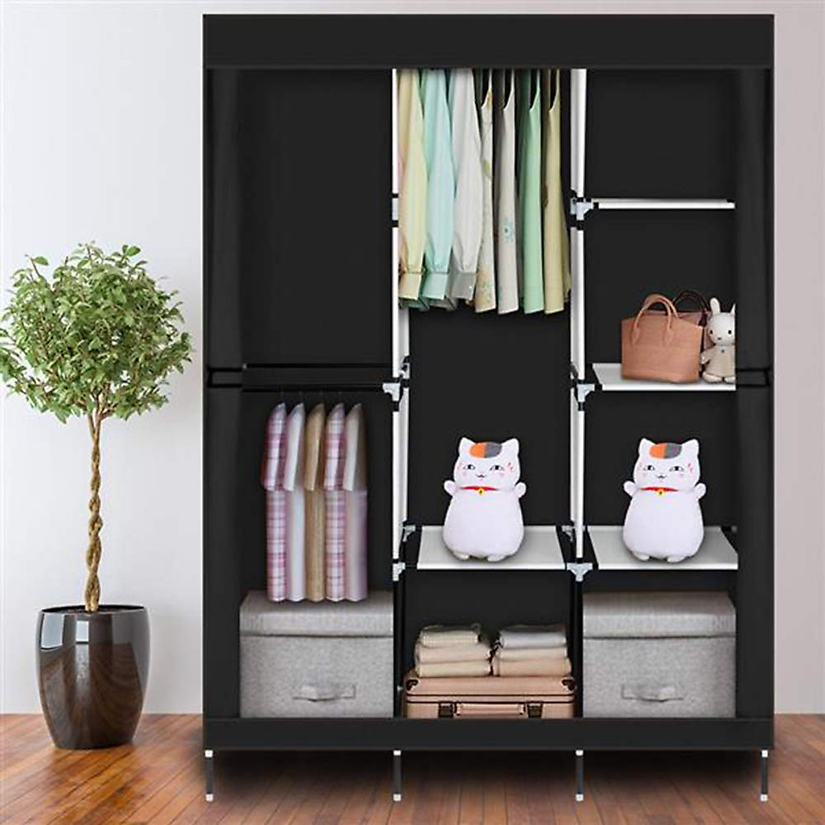yimingli Portable Clothes Wardrobe Closet Storage Organizer Shelf with Non-Woven Fabric and Hanging Rod(71 inch Black)