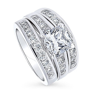 BERRICLE Sterling Silver Solitaire Wedding Engagement Rings 3 Carat Cushion Cut Cubic Zirconia CZ Ring Set for Women, Rhodium Plated Size 9