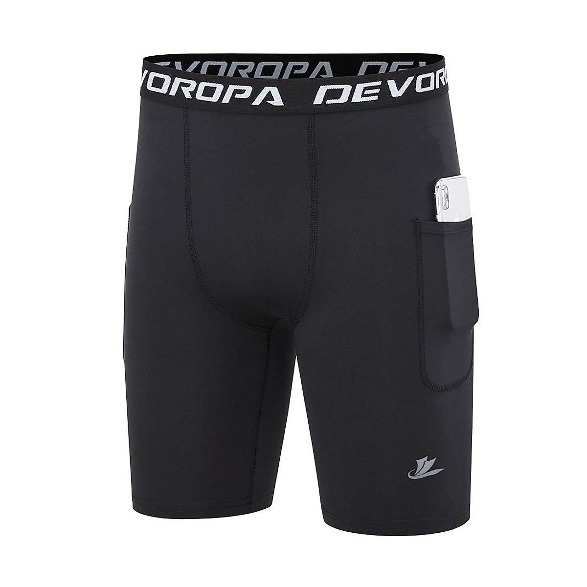DEVOROPA Youth Boys' Compression Shorts Performance Athletic Base Layers Workout Training Underwear Side Pocket Black/Black M (Pack of 2)
