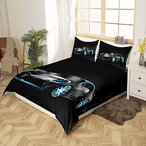 Racing Car Bedding Set for Boys Kids Teens Men Extreme Speed Sports Themed Comforter Cover Competition Bedroom Decor Full Size 3 Pcs (1 Duvet Cover +2 Pillow Shams), Luxury Black