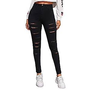 SweatyRocks Women's Hight Waisted Stretch Distressed Denim Pants Ripped Skinny Jeans Black M